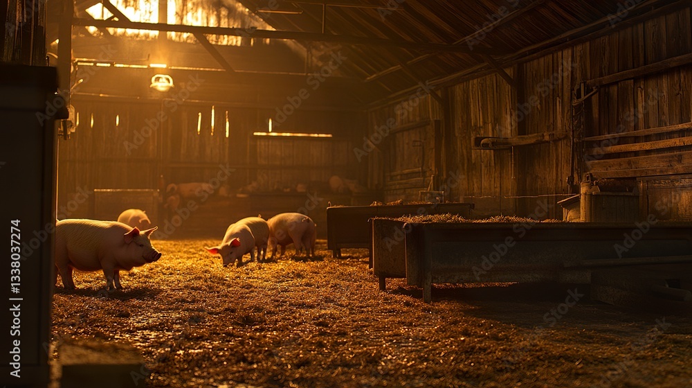 A peaceful pig farm setting where pigs feed from a trough, their ears ...