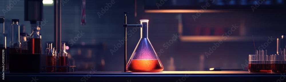 Titration process in a dimly lit lab with a stand supporting a glass ...