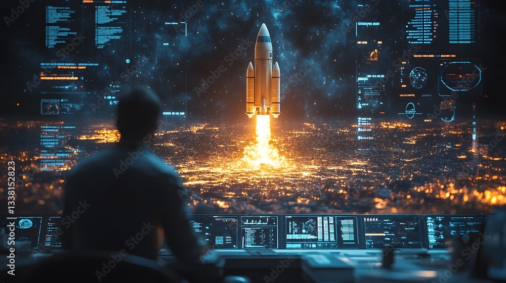 Startup founder showcasing a holographic rocket projection in a modern ...