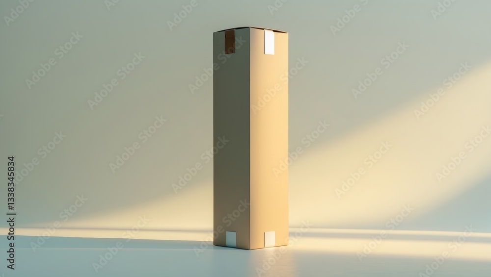 Image depicts a singular tall cardboard box positioned vertically ...