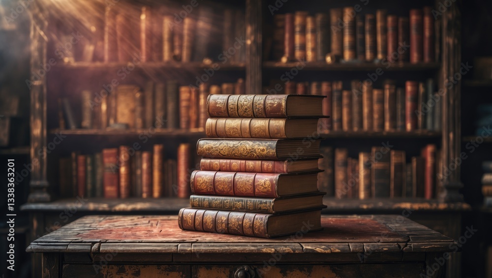 Old books on a wooden desk illuminated by a ray of light. Grunge ...