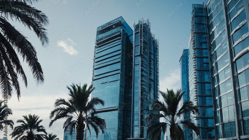 three Skyscrapers, Front view, for landing page design, with glass ...