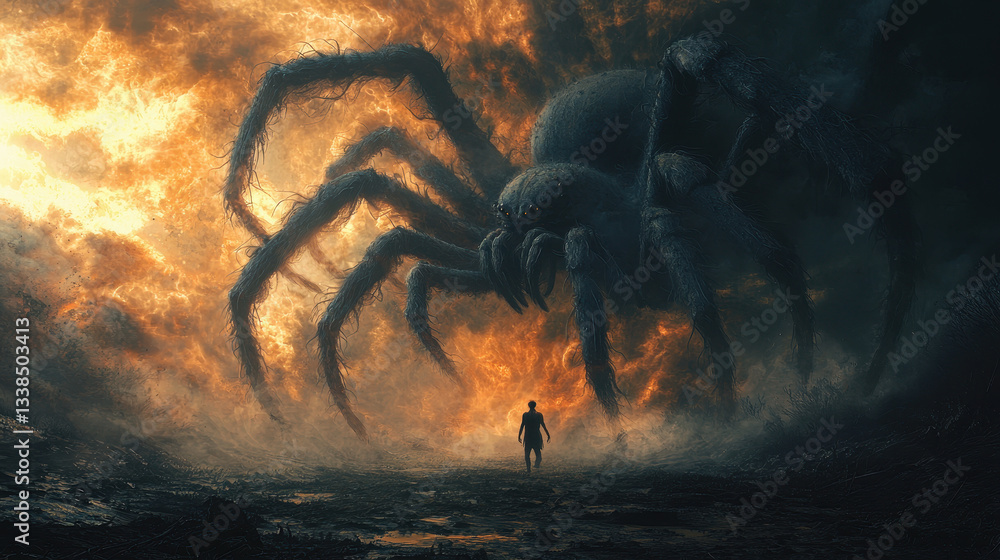 Chased by enormous spiders in a surreal, dark landscape filled with ...