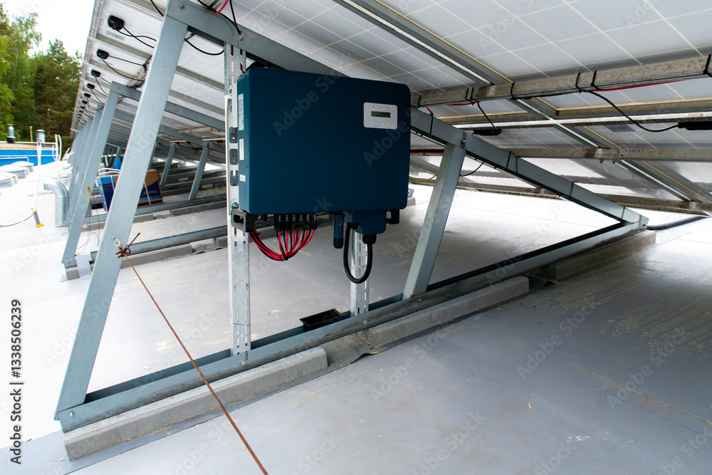 Solar panel inverter under canopy. Solar power plant Back view ...
