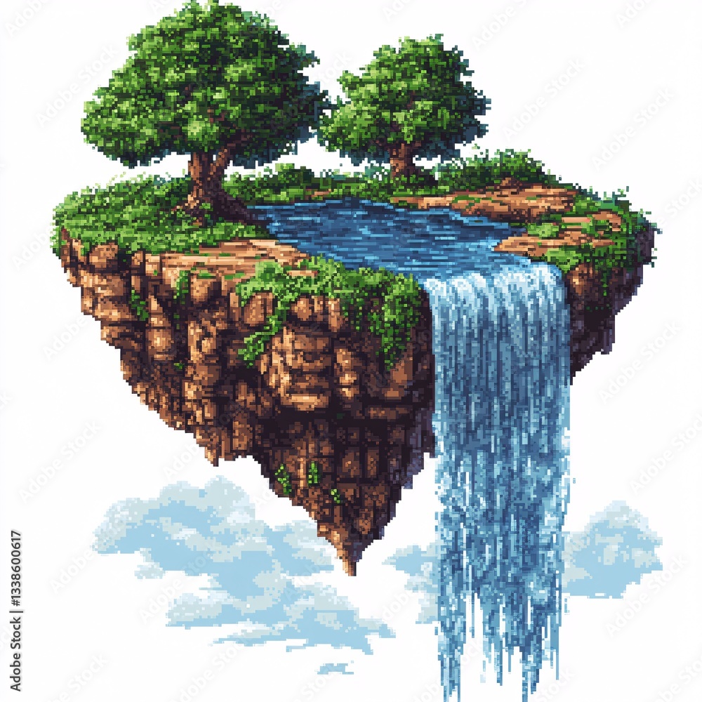 Pixel art sticker logo of a pixelized floating island with pixel ...
