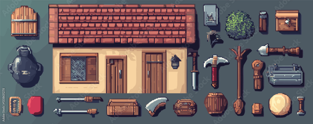 Pixel art medieval house and tools set with roof, weapons, and ...