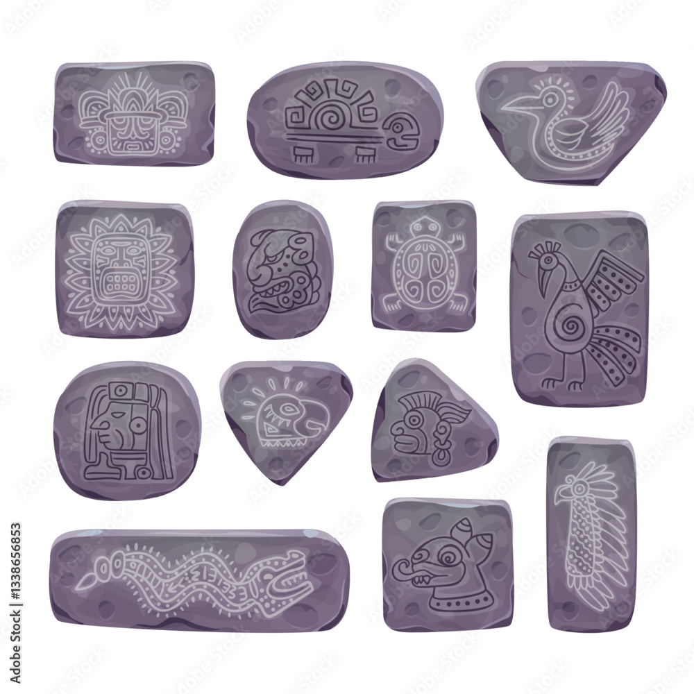 Maya stone symbols. Aztec inca mayan rocks with ritual pagan rune ...