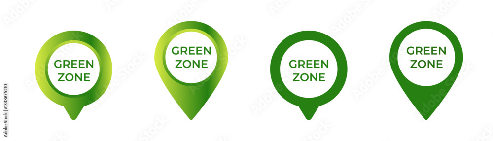 Set of four green zone markers in different shapes showing circular and ...