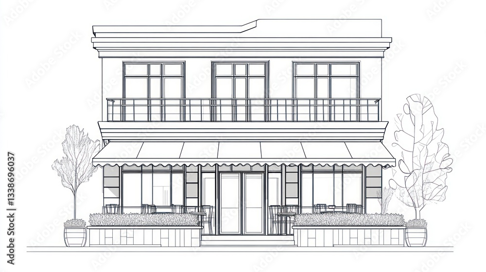 Two-story cafe blueprint, front elevation, outdoor seating Stock Illustration | Adobe Stock