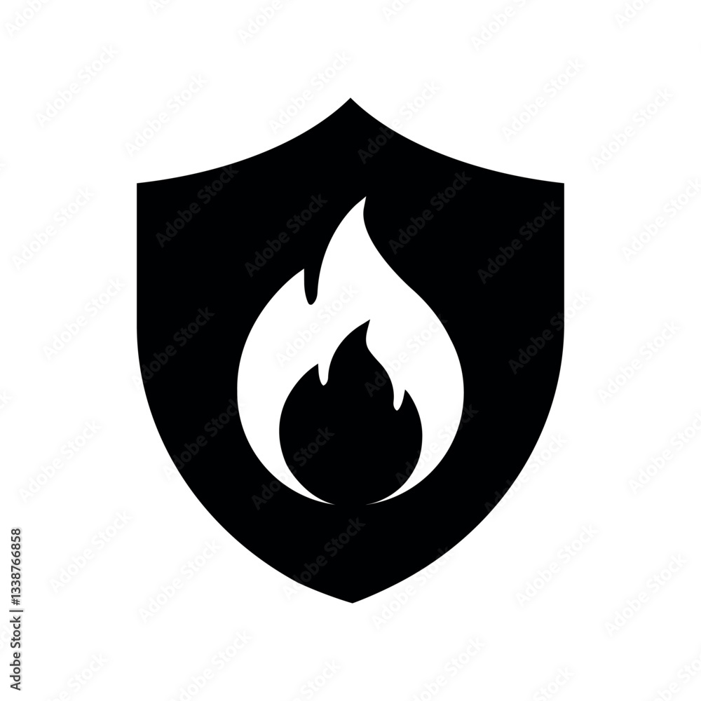 Fire or Flame Icon Button Flat Vector Design on Shield. Protection ...