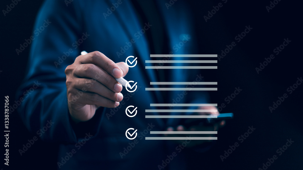 Checklist concept, Businessman mark checkboxes, Survey form, check ...