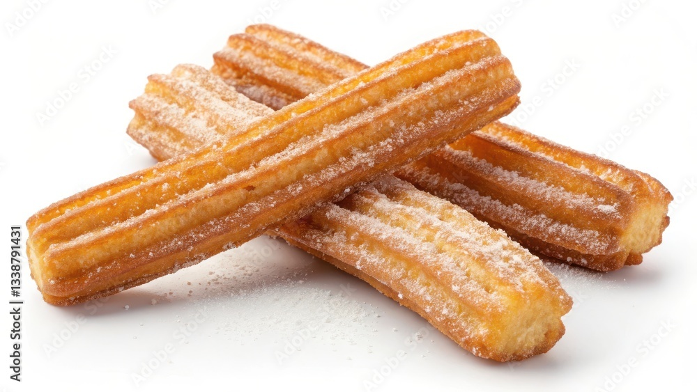 Three golden-brown churros stacked casually on a white surface, dusted ...