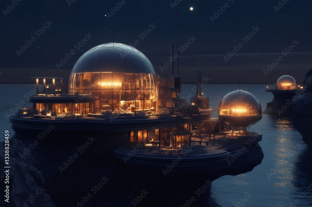 Futuristic buildings with glass domes illuminating an asteroid city at ...