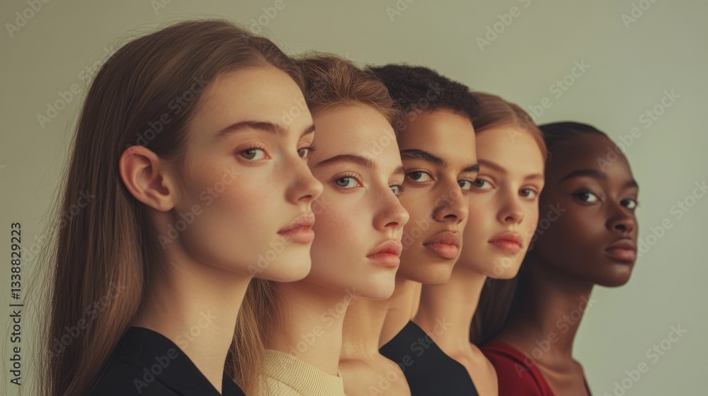 A diverse lineup of models with different facial structures and skin ...