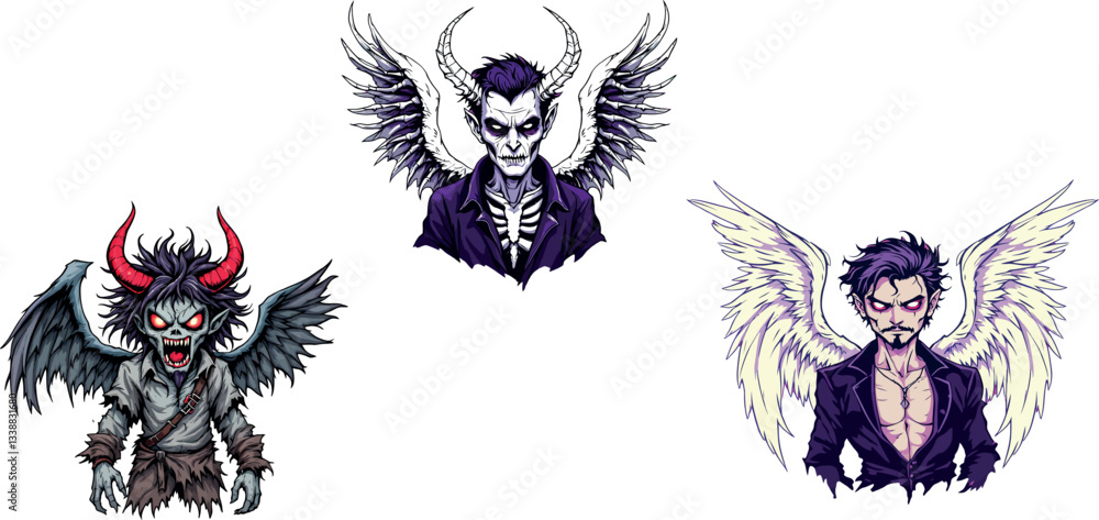Vsai winged demons and angel showing different evilness levels Stock ...