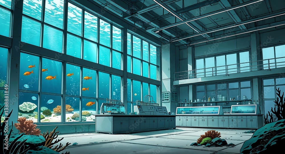 Large teal and gray underwater research lab with glass windows showing ...