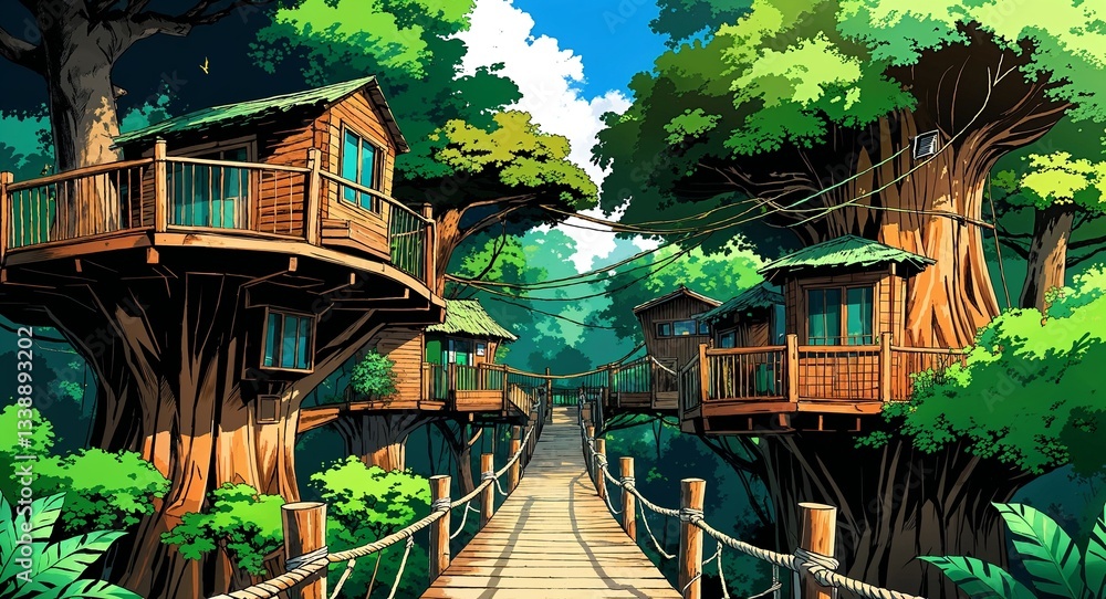 Vibrant green and brown jungle treehouse village connected by rope ...