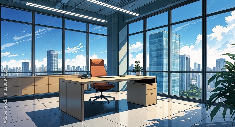 A high rise office with a modern minimal desk and floor to ceiling ...