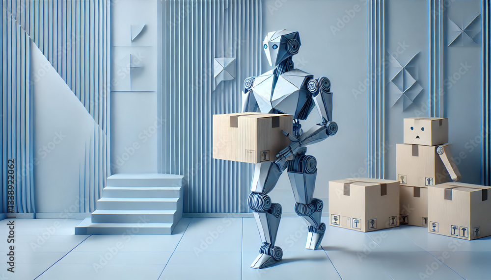Origami robots handling cardboard boxes in a minimalistic warehouse ...
