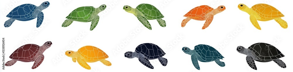 Elegant monochrome illustrations of four sea turtles, each in unique ...