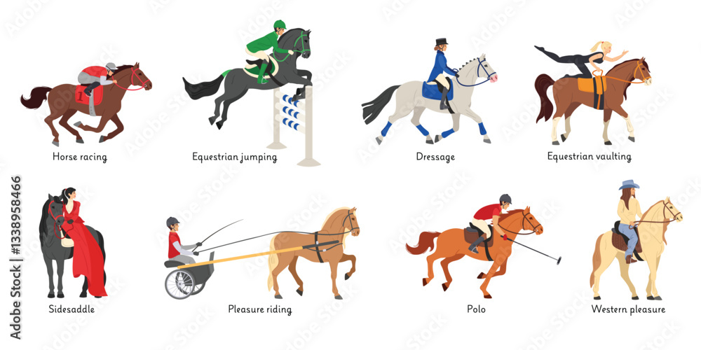 Cartoon equestrian disciplines. Horse racing sport, racehorse with ...