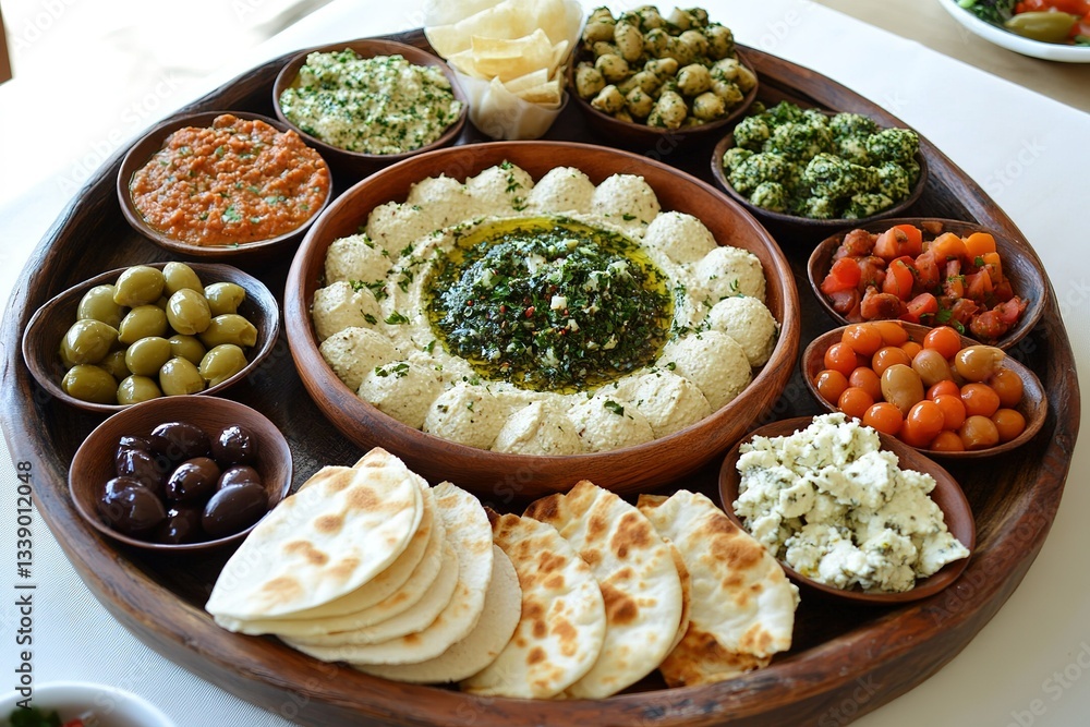 Arabic traditional cuisine. Middle Eastern meze platter with pita ...