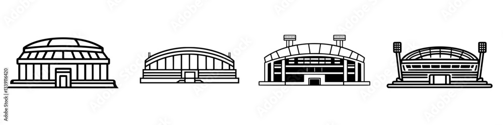 Different styles of sports arenas illustrated in black and white ...