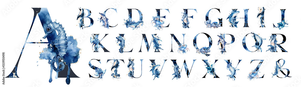 Watercolor blue marine English alphabet ABC letters set with underwater ...