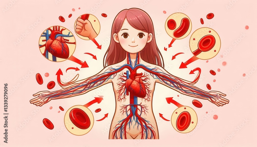 Illustrative guide to human circulatory system anatomy blood flow and heart function Stock ...