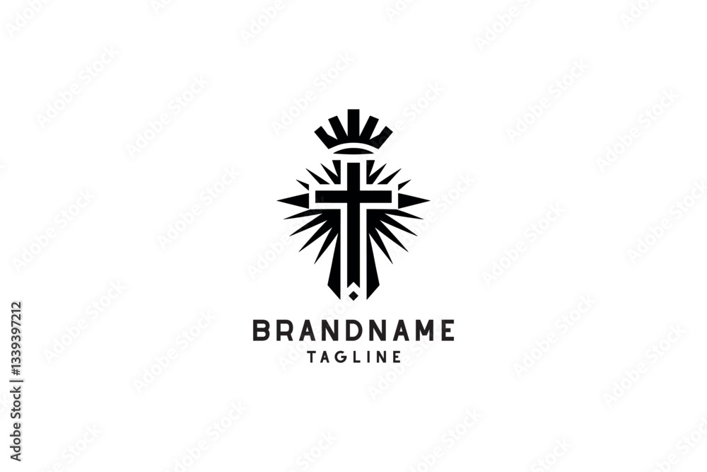 A stylized logo or emblem. At the center, there's a cross symbol, which ...