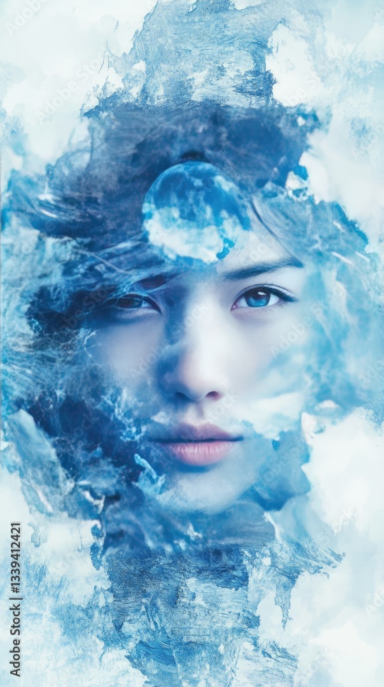 Mysterious woman s face blended with icy blue textures in an artistic ...