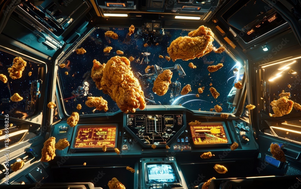 Fried chicken pieces tumbling in zero gravity inside a sci-fi spaceship cockpit Stock ...