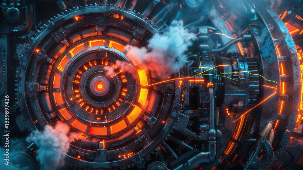 Cyberpunk rotary engine thrums with neon, gears laced with pulsing ...