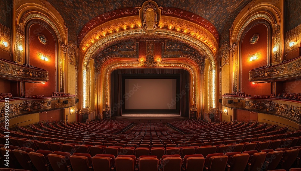 Grand Theater Auditorium: Rows of Seats, Stage, and Golden Architecture ...