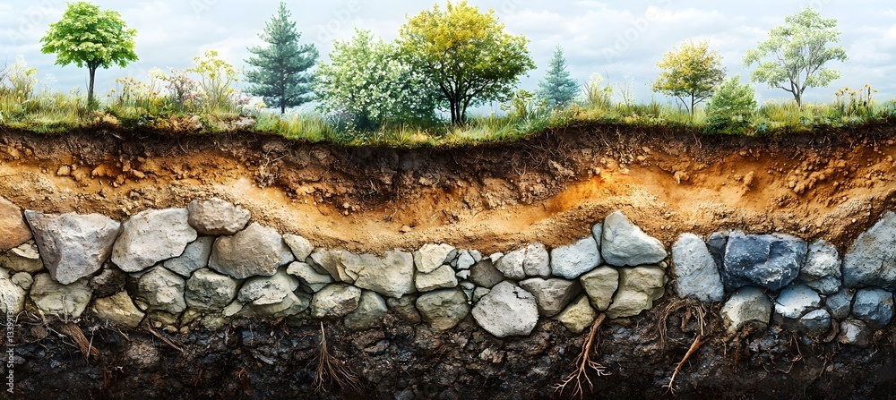 Panorama of soil layers cross section. Roots penetrate various soil ...