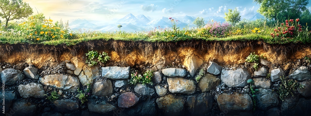 Стокова ілюстрація Panorama of soil layers cross section. Roots ...