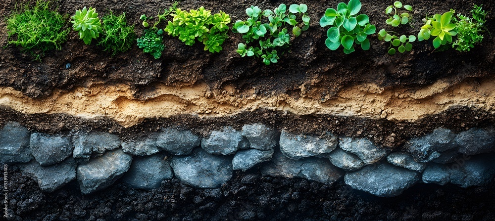 Стоковая иллюстрация «Panorama of soil layers cross section. Roots ...