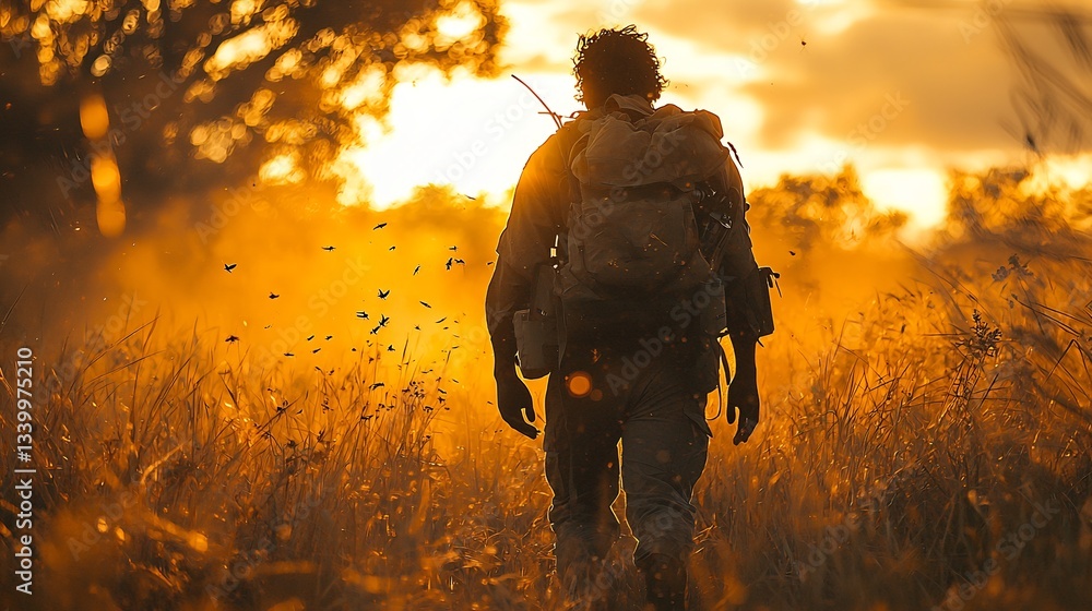 Lone Aboriginal tracker moving swiftly through the dense bush his keen ...