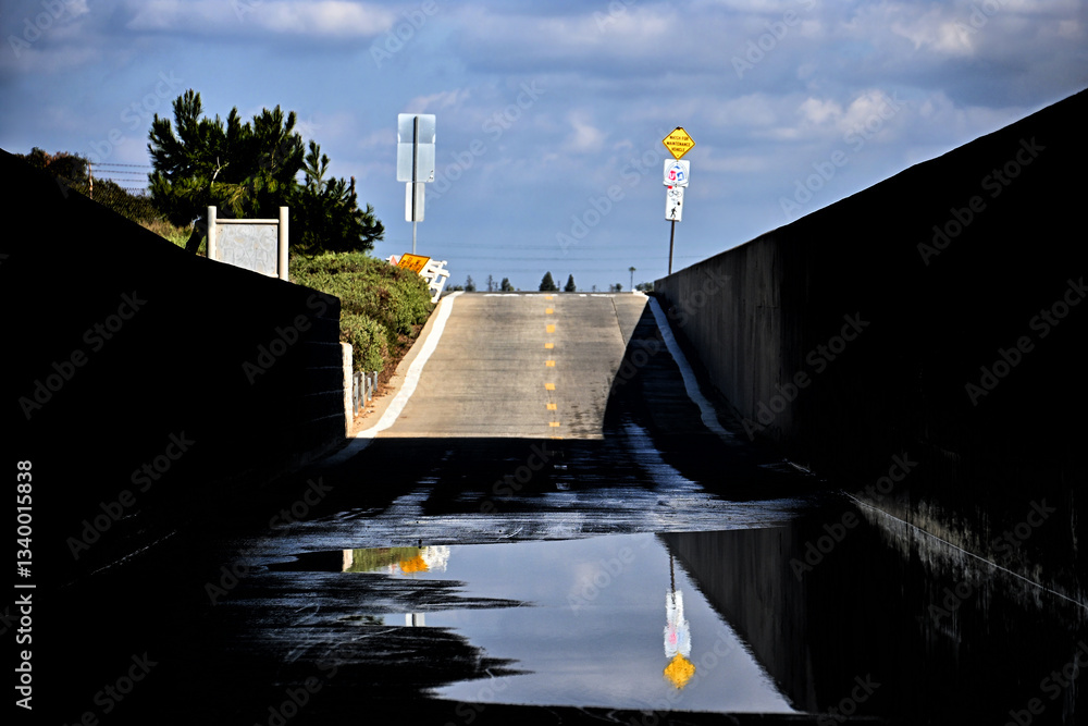 Water puddle and reflections at the Santa Ana River bike path at the ...