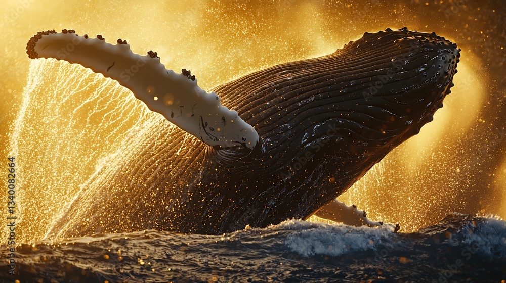 Giant humpback whale breaching the surface of the deep blue ocean water ...