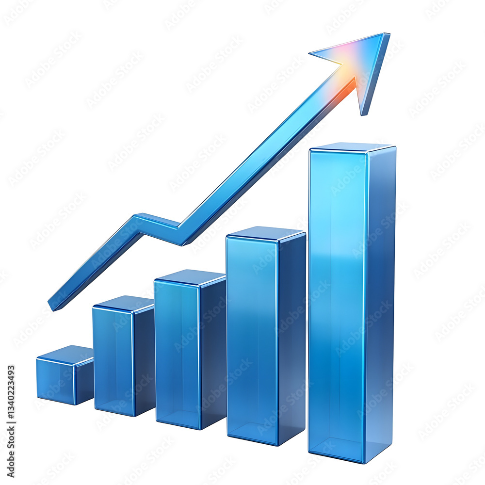 A vivid 3D bar graph with an upward pointing arrow symbolizing positive ...
