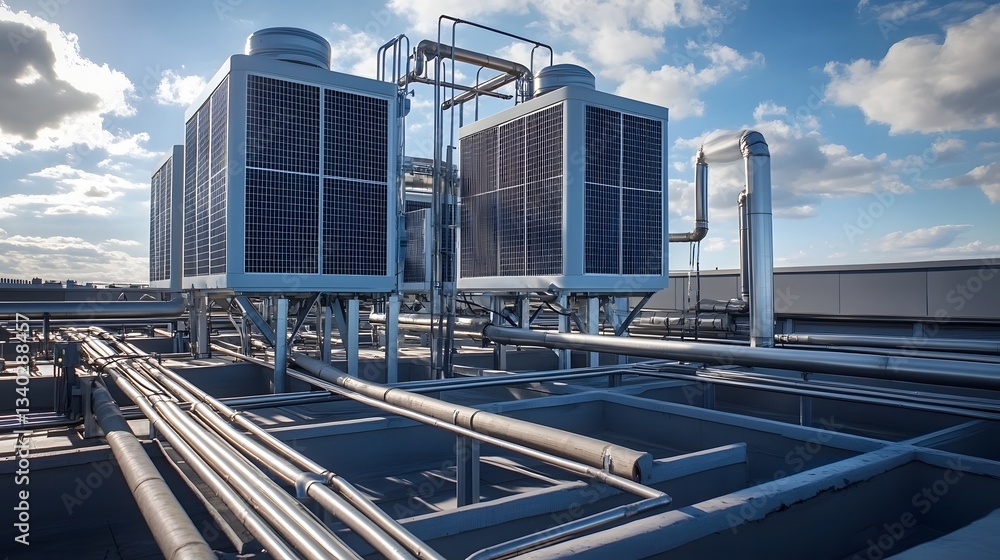 Rooftop industrial chiller plant with cooling towers and ventilation ...