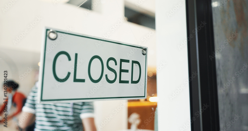 Closed sign, coffee shop and front door with closeup, window and ...