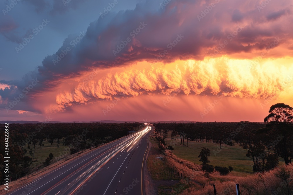 Dramatic Sunset Over Highway with Light Trails and Mammatus Clouds ...