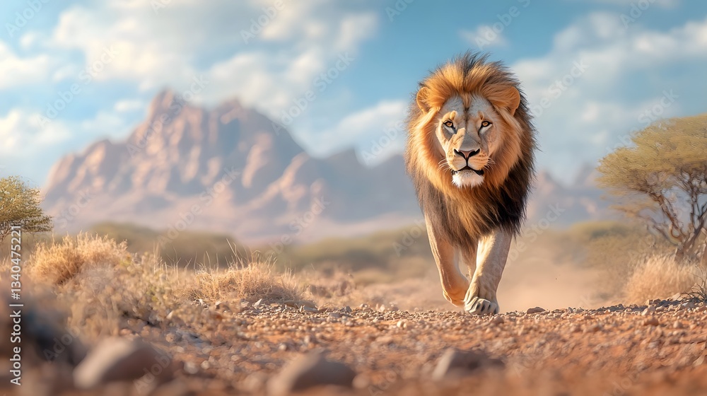 Powerful Barbary Lion Traversing Rugged Desert Terrain with Flowing Mane A majestic feline ...