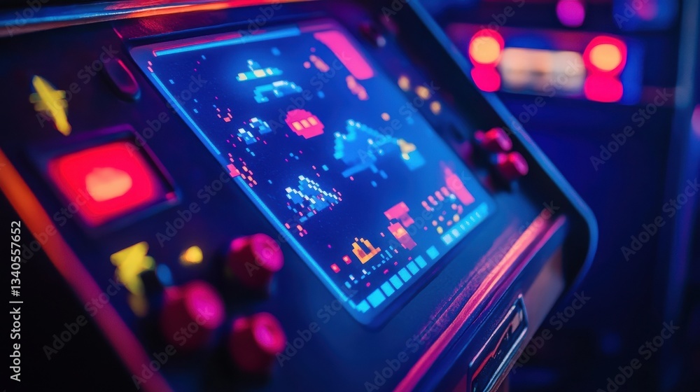 retro arcade cabinet with pixelated space invaders game on screen neon ...