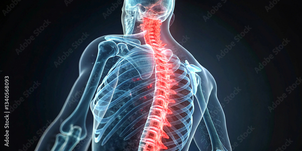 Medical illustration, human skeleton, spinal cord highlighted in red ...