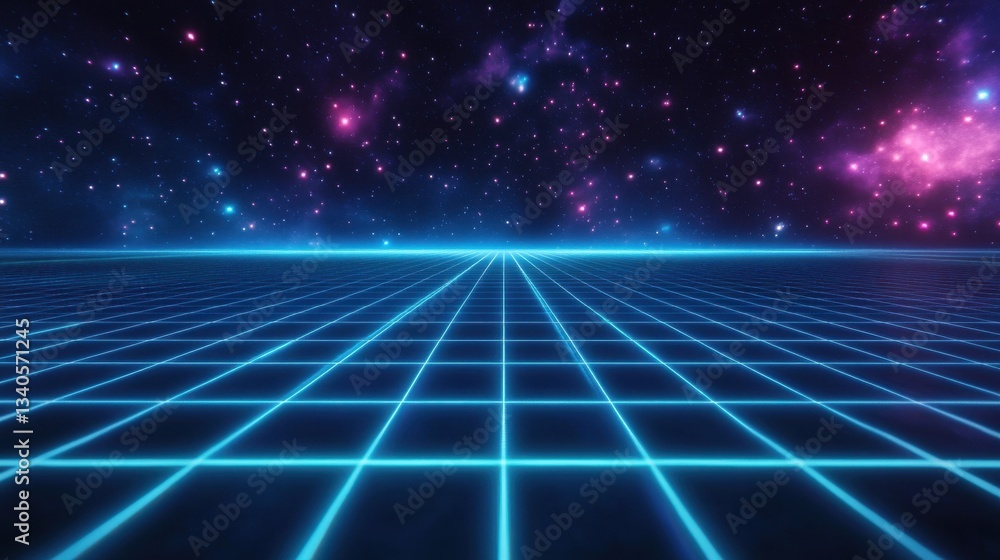Retro 80s video game background with grid of blue light streaking in ...