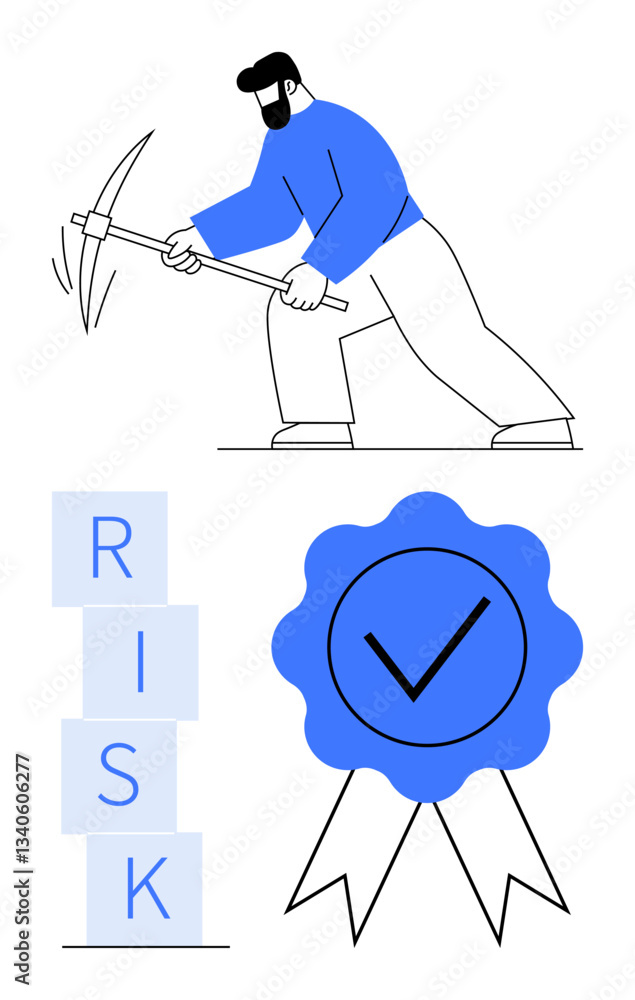 Person with pickaxe breaking risks, stacked blocks labeled RISK, blue ...