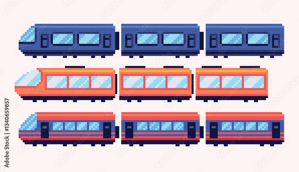 Train wagon pixel art set. Locomotive, railway transport collection. 8 ...